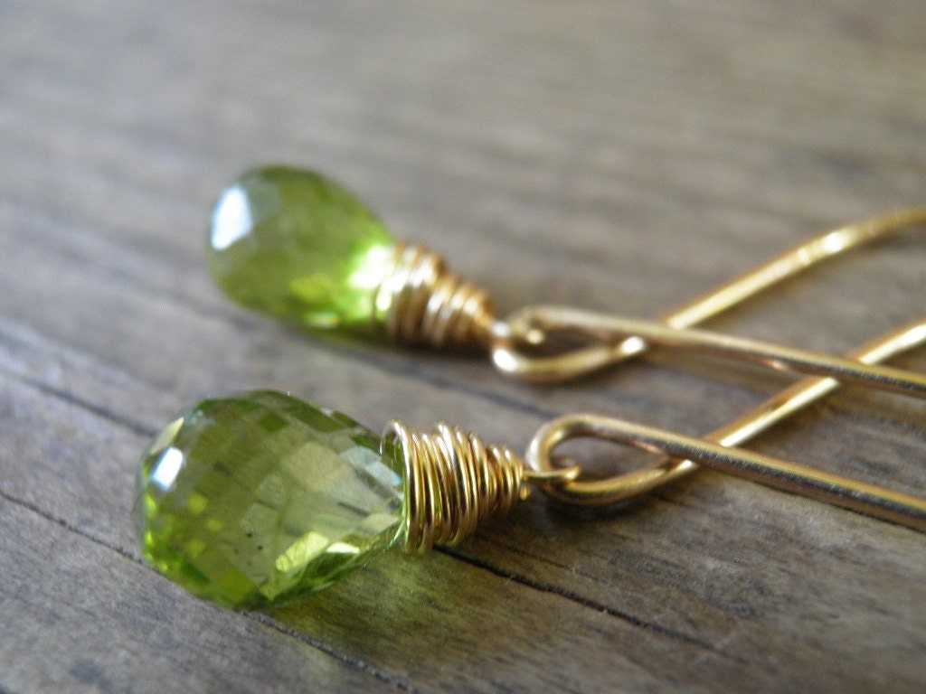 14k Solid Gold Peridot Earrings, August Birthstone Earrings, Gold ...