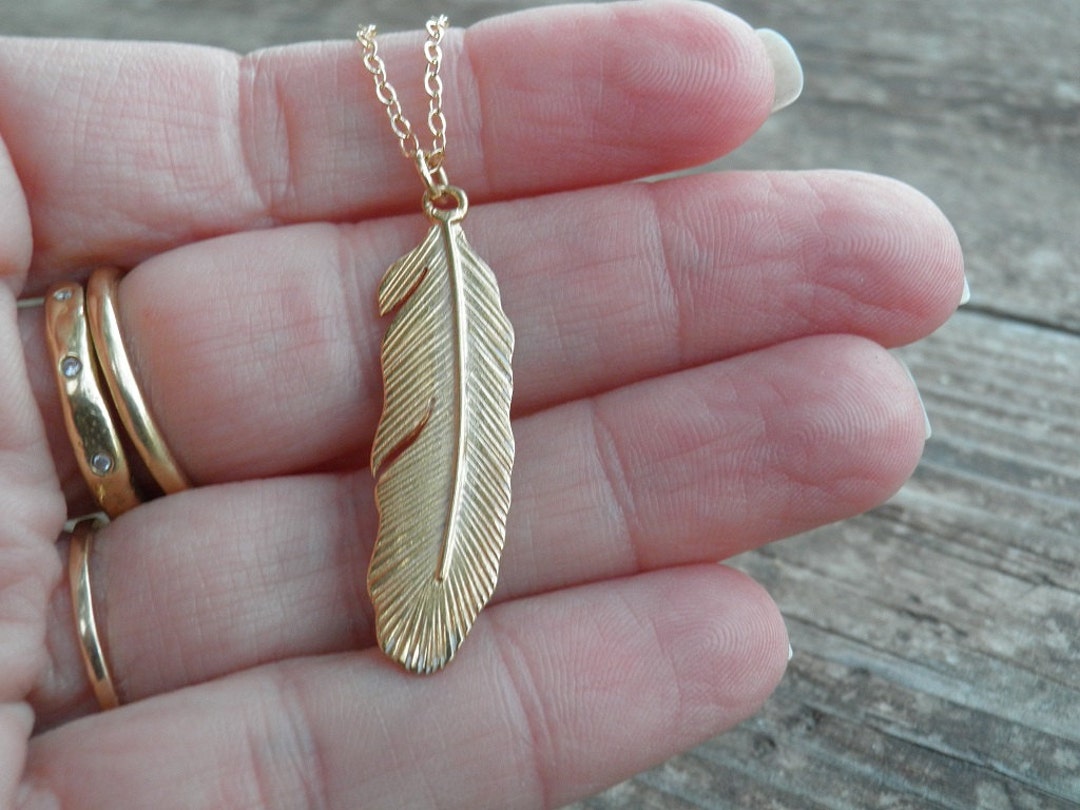 November Birthday, Feather Jewelry, Large Gold Feather Pendant, Long ...