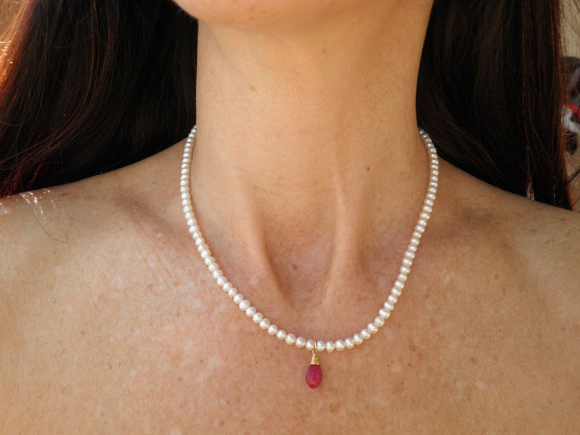 Pearl and Ruby Necklace, Bridal Necklace, Ruby Pendant, Gold Necklace ...