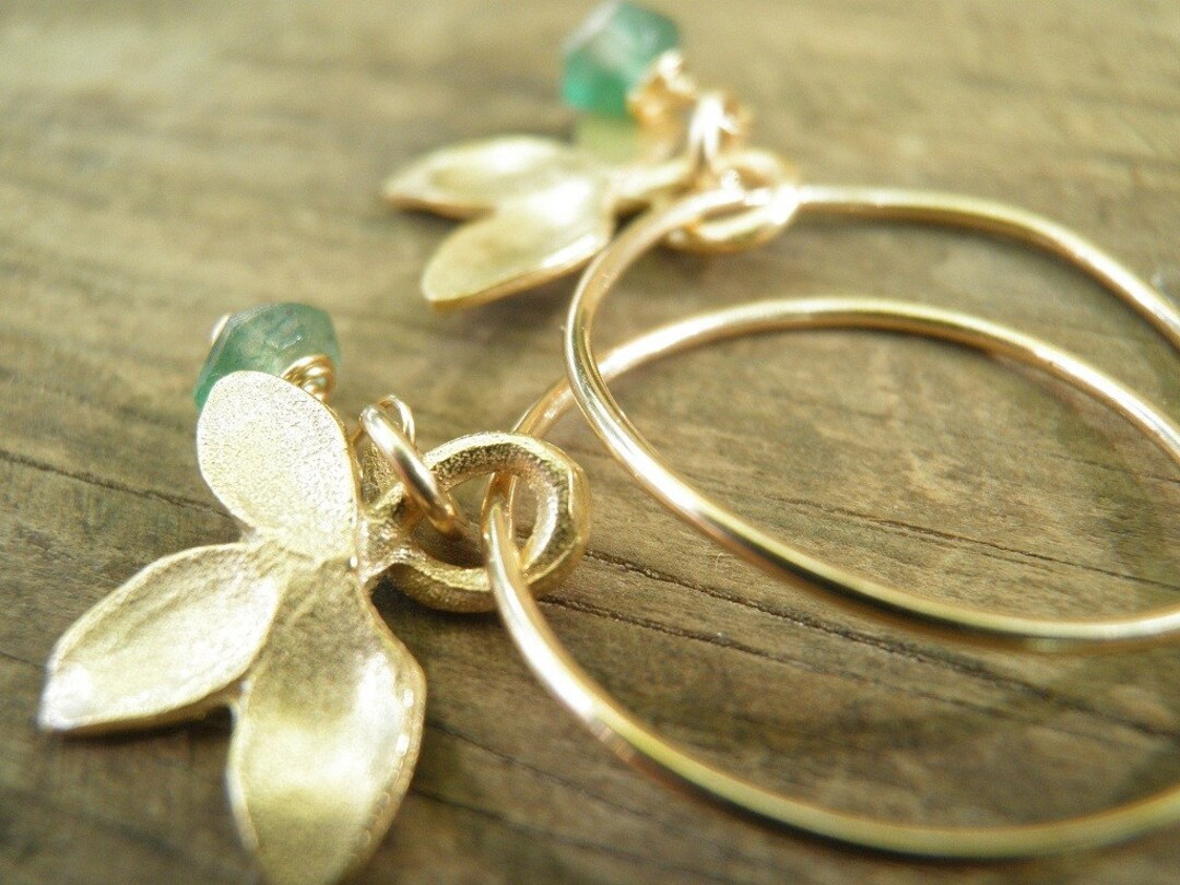 Valentines Day Gift, May Birthstone, Emerald Earrings, Gold Hoop ...