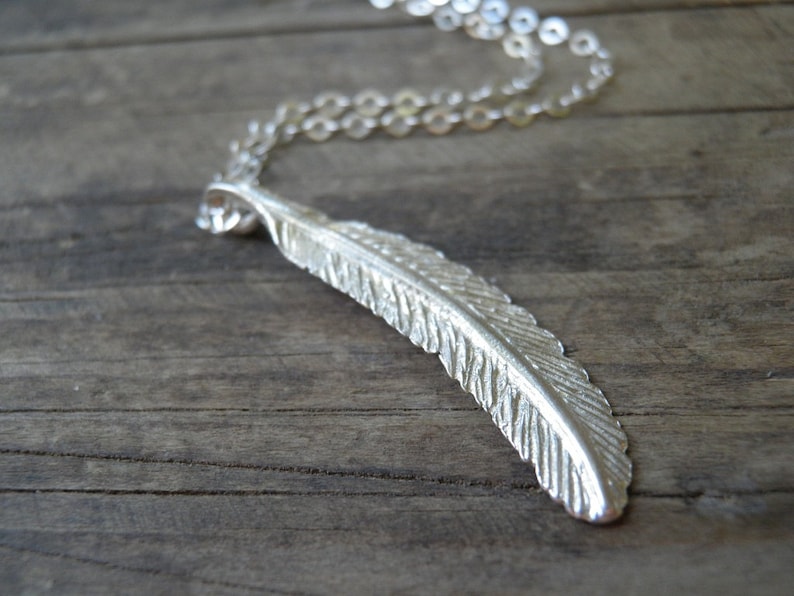 Long Silver Necklace Silver Feather Necklace Feather - Etsy