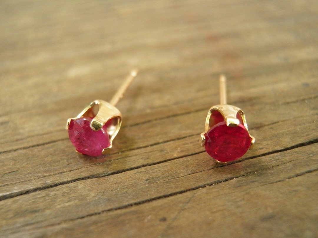 July Birthstone, Gold Genuine Ruby Stud Earrings in 14k Gold, 4mm ...