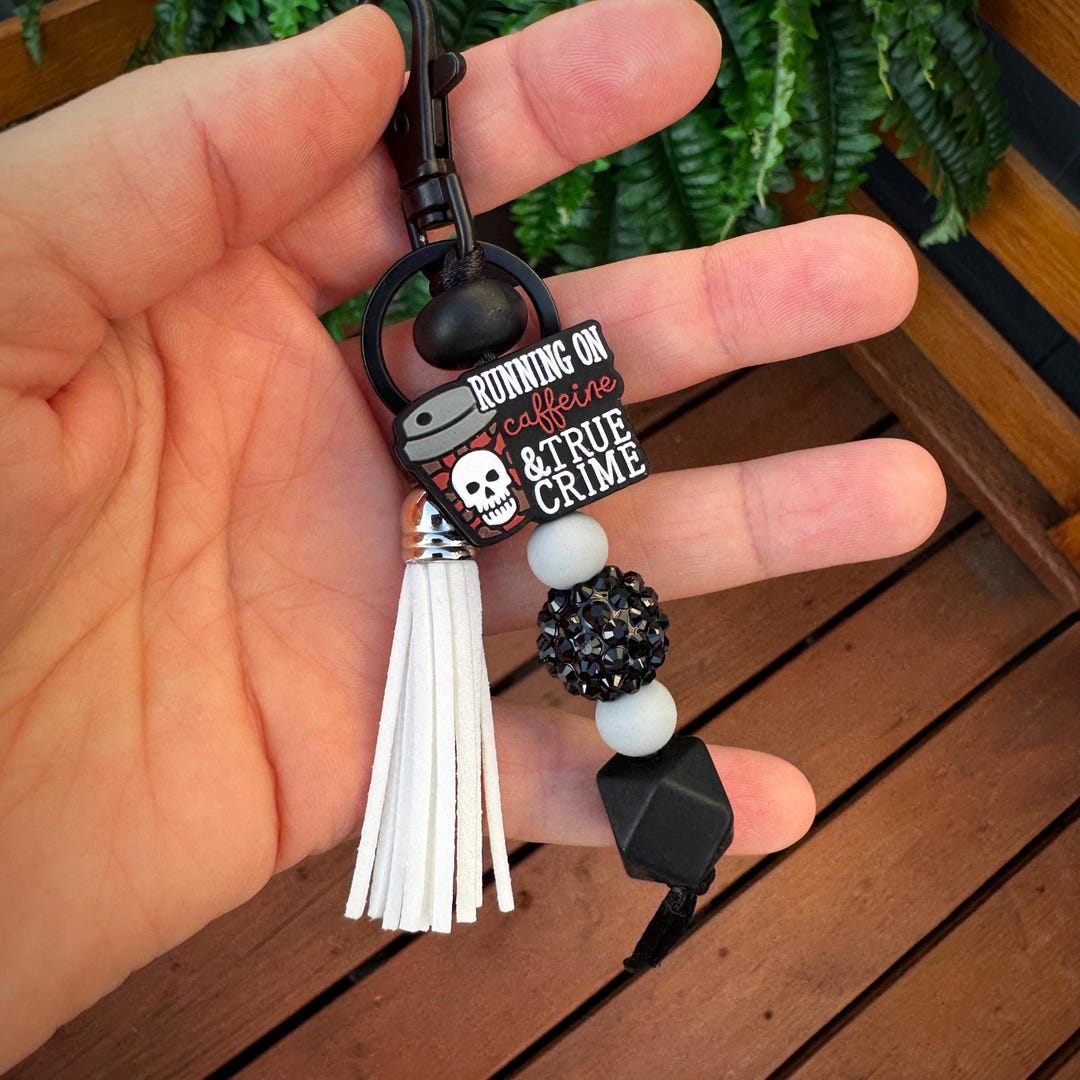 Caffeine & True Crime White Bag Charm Keychain – Silicone With Tassel ...