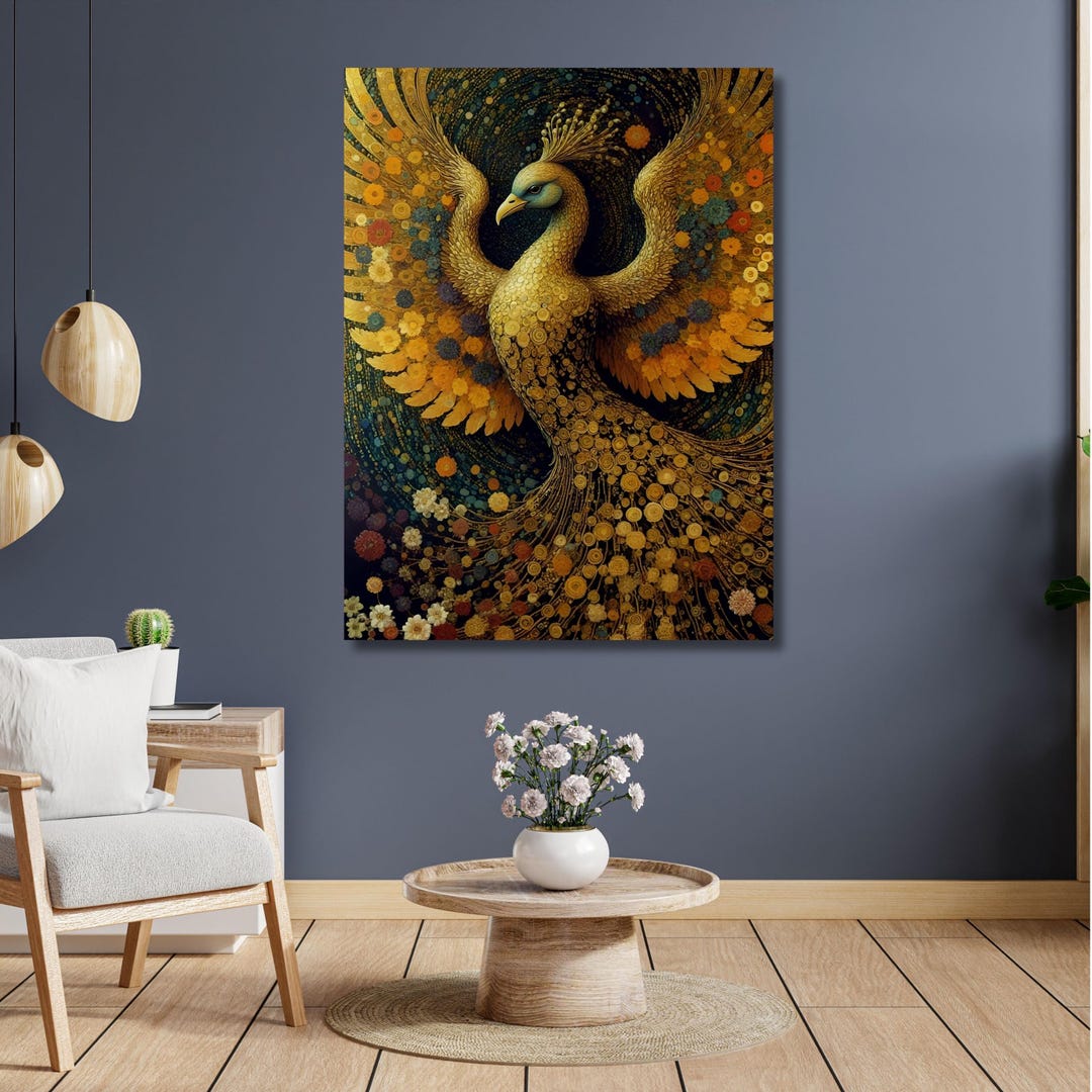Vertical Golden Phoenix Wall Art - Mythical Bird Inspirational Print ...