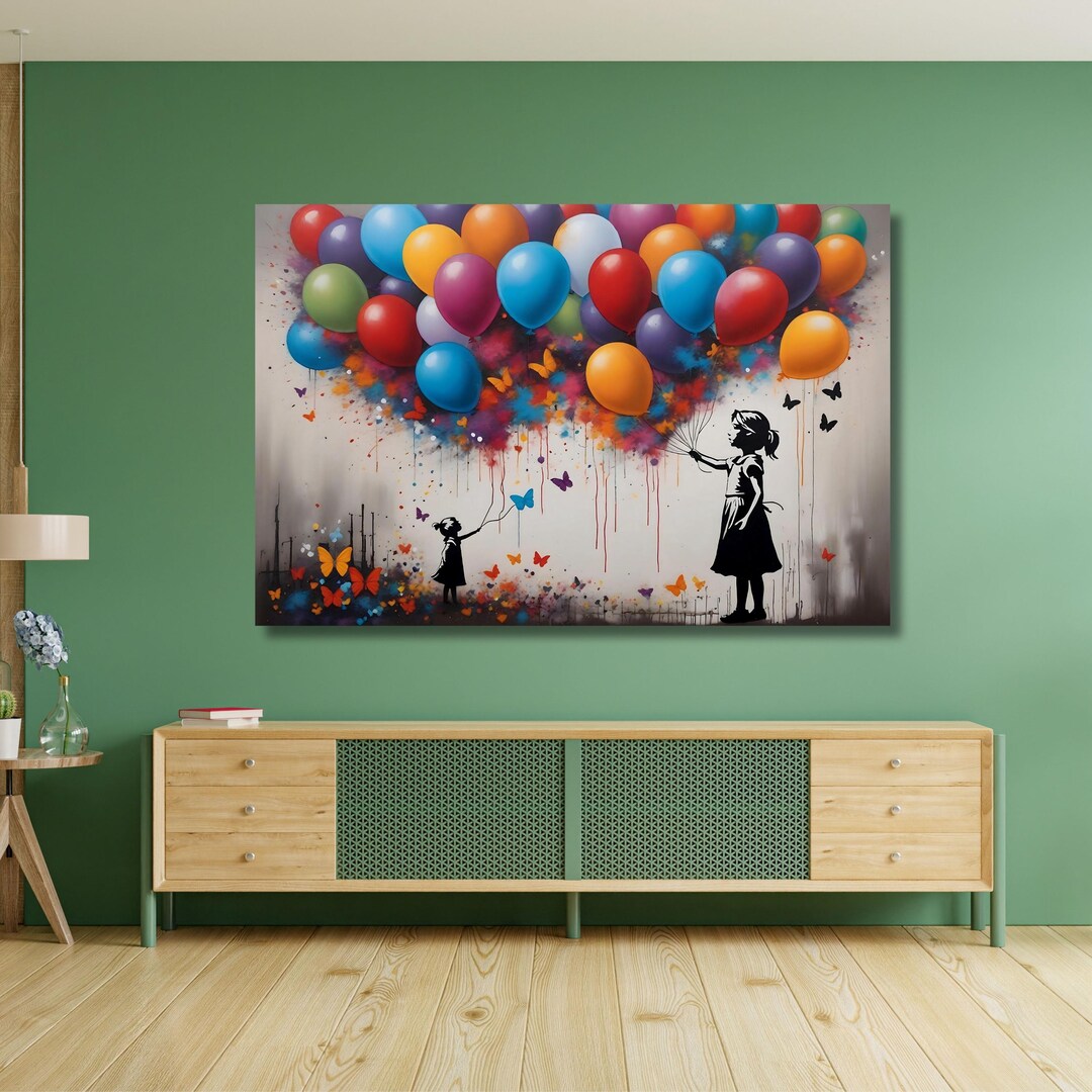Banksy Girl and Child With Balloons Graffiti Butterflies Canvas Banksy ...