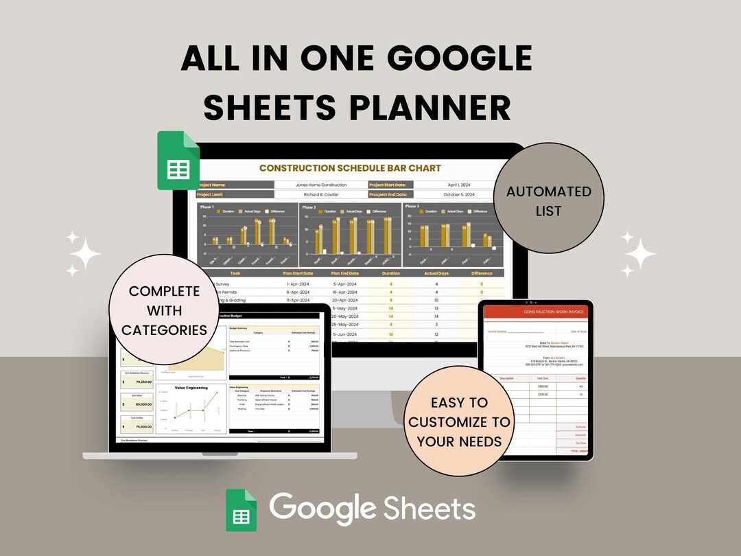 Construction Sheets Basic 5 in 1 Gooogle Sheets Templates Contractors ...