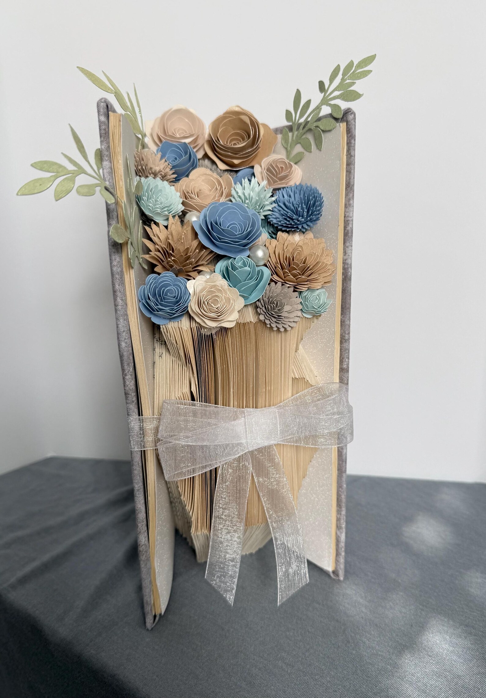 Folded Book Vase With Blue & Tan Paper Flowers – Handmade Book Art ...