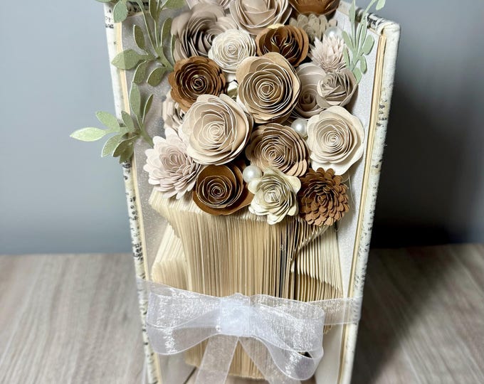 Handmade Folded Book Vase With Paper Flowers - Rustic Neutral Decor ...