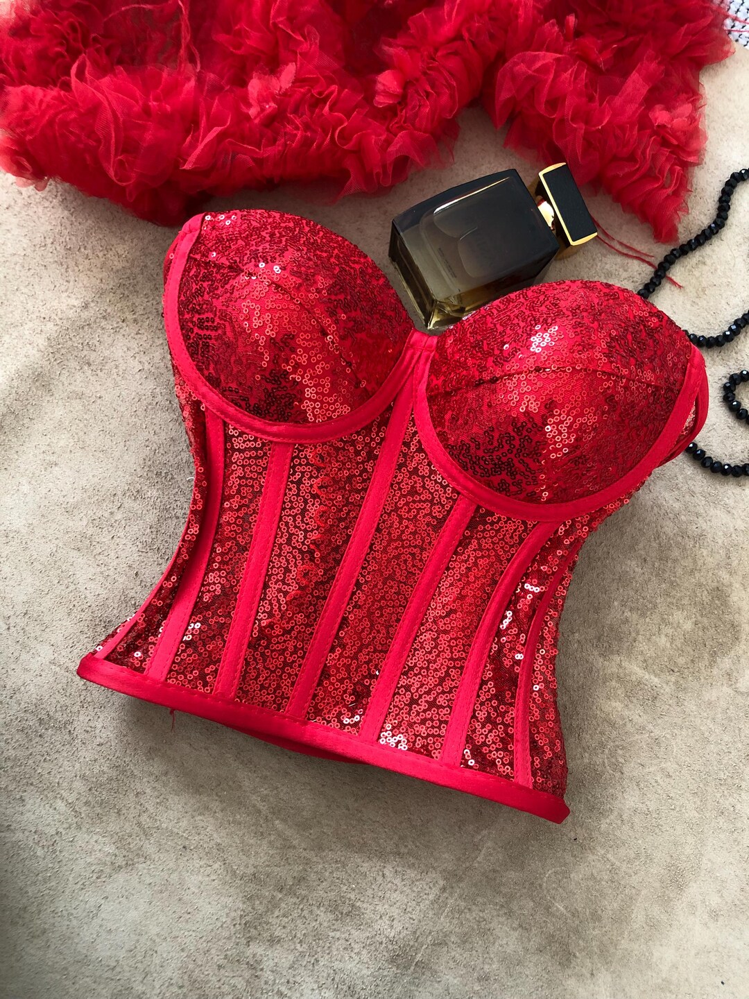 Corset Sequined /mesh Bustier / Bustier Corset Top/red Lingerie /cupped ...
