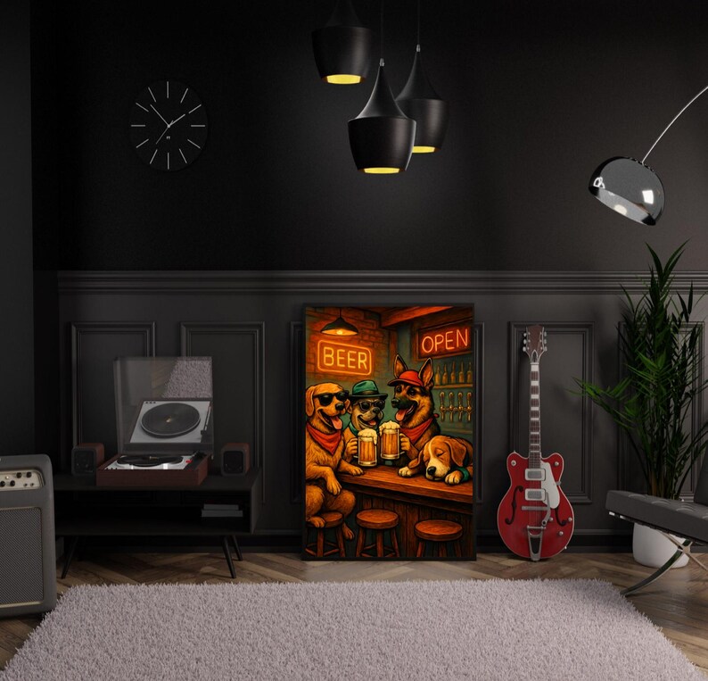 Dog Art Print - Funny Dogs at Bar Poster – Dogs Drinking Beer Wall Art ...