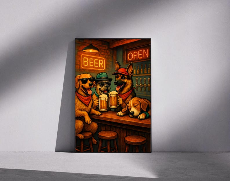 Dog Art Print - Funny Dogs at Bar Poster – Dogs Drinking Beer Wall Art ...