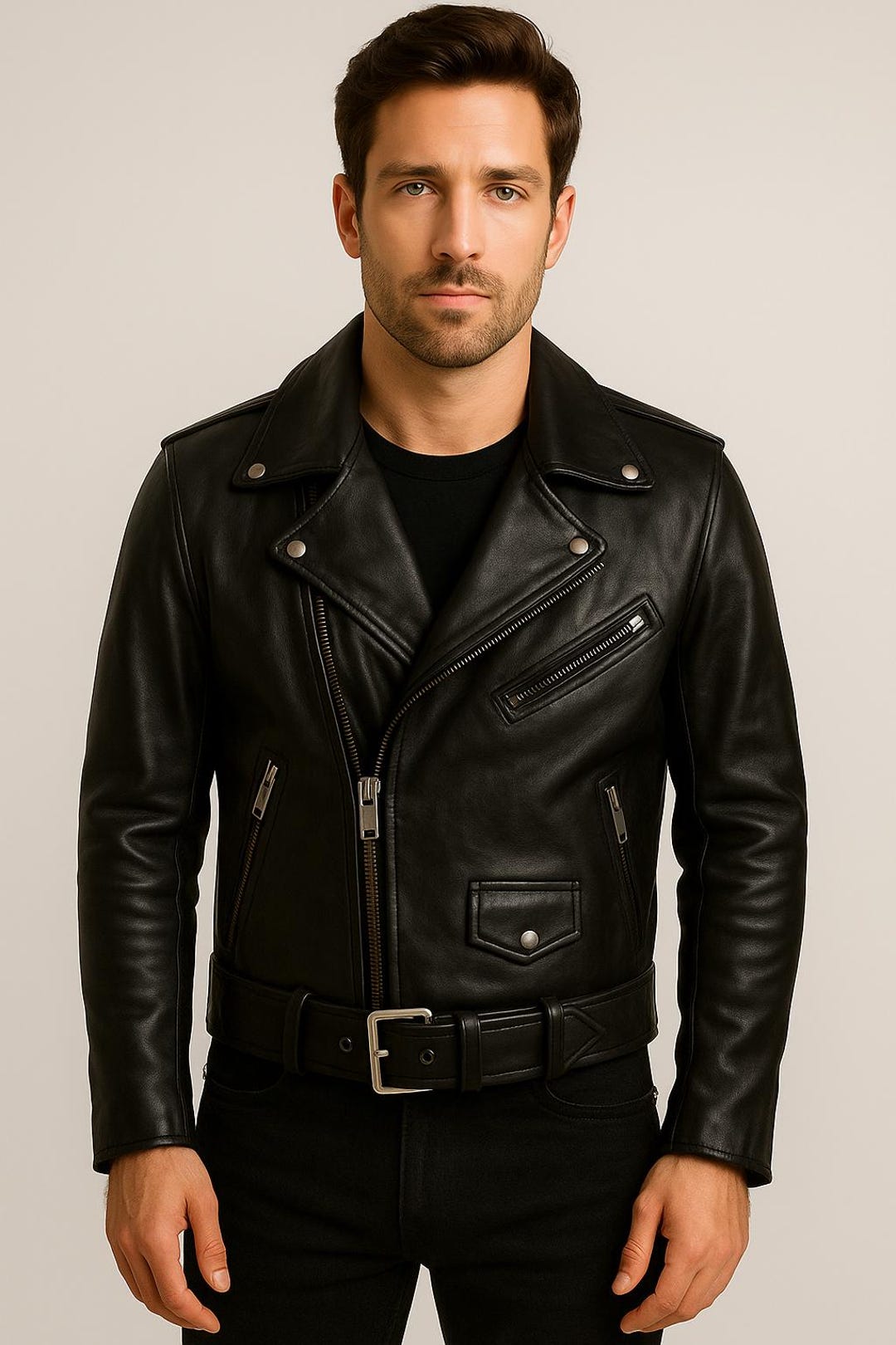 Men's Black Genuine Leather Biker Jacket – Classic Moto Style With Belt ...