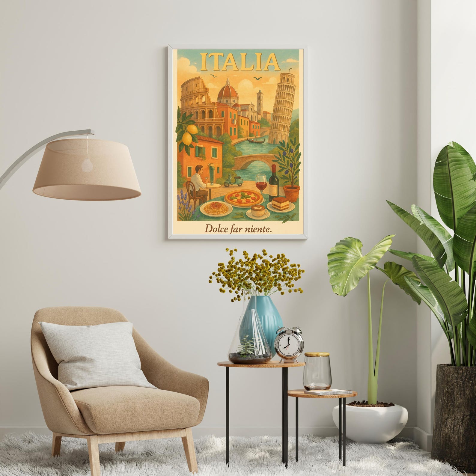 Italy Travel Poster – Retro Wall Art Print, Colosseum and Venice, Pizza ...