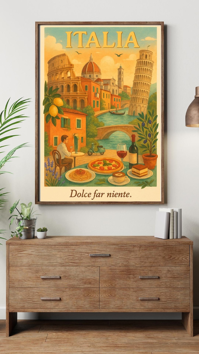 Italy Travel Poster – Retro Wall Art Print, Colosseum and Venice, Pizza ...