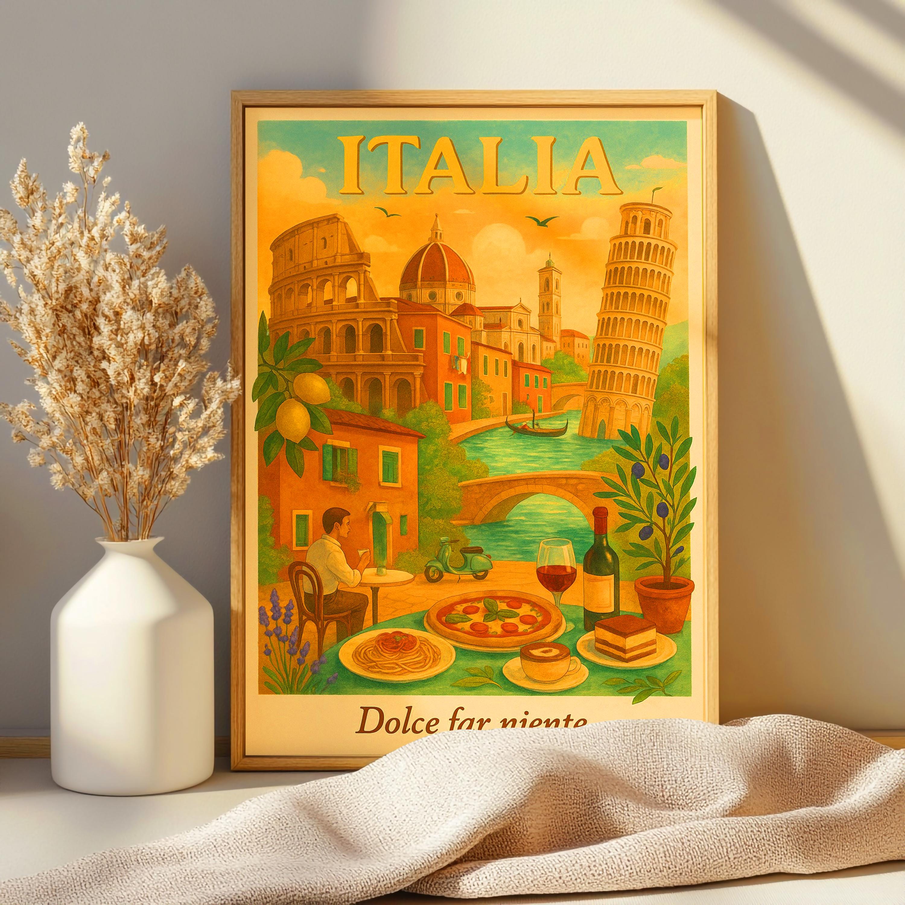 Italy Travel Poster – Retro Wall Art Print, Colosseum and Venice, Pizza ...