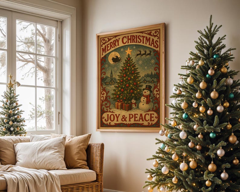 Vintage Christmas Poster – Merry Christmas Wall Art, Joy and Peace ...