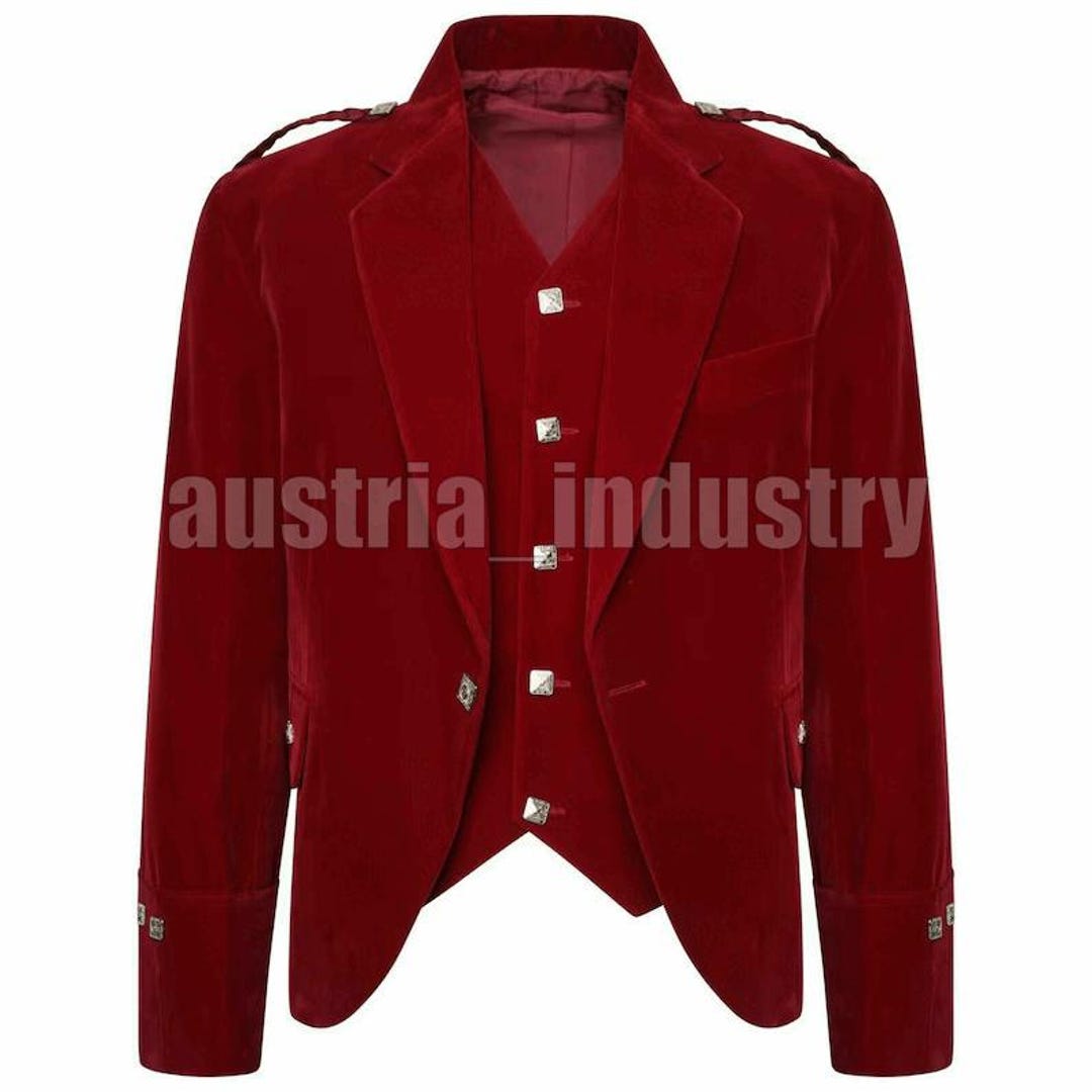 Men's Scottish Red Velvet Argyle Jacket | Kilt Jacket With Vest ...