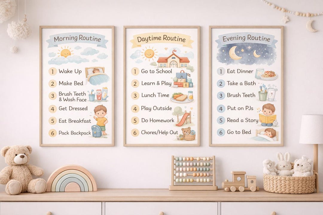 Kids Daily Routine Wall Art Printable | Morning Day Evening Routine ...