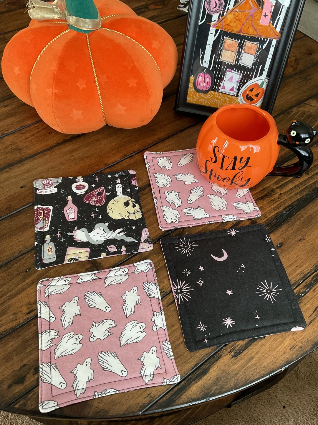 Set of 4 Halloween Quilted Fabric Coasters Black and Pink Ghost ...