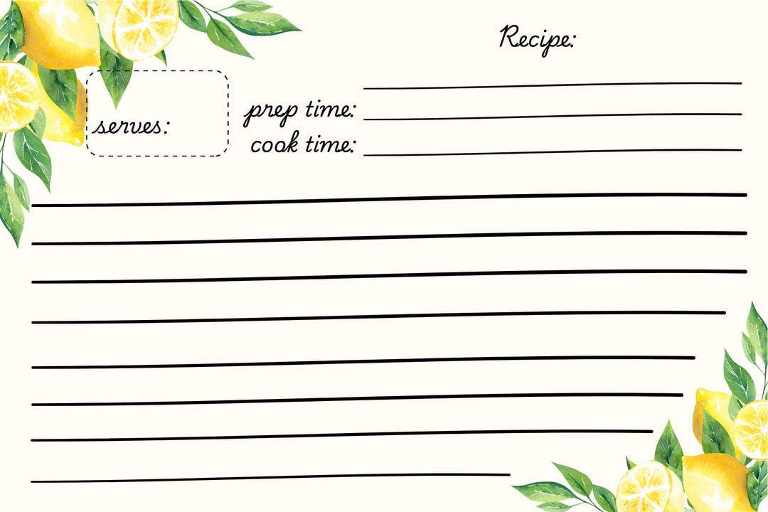 Lemon Design Recipe Card - Digital Download - Etsy