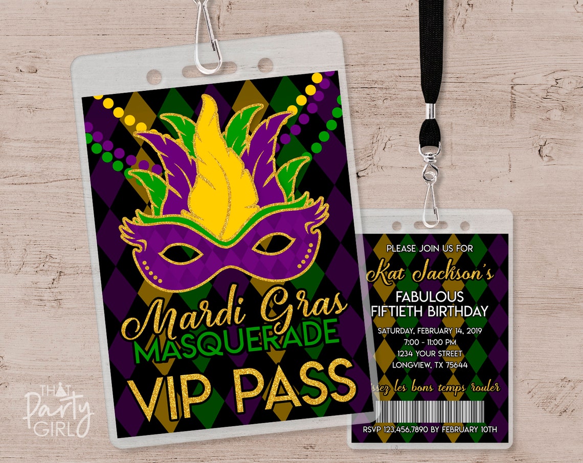Mardi Gras Masquerade Party VIP Pass Invitations DIY U Print - Etsy