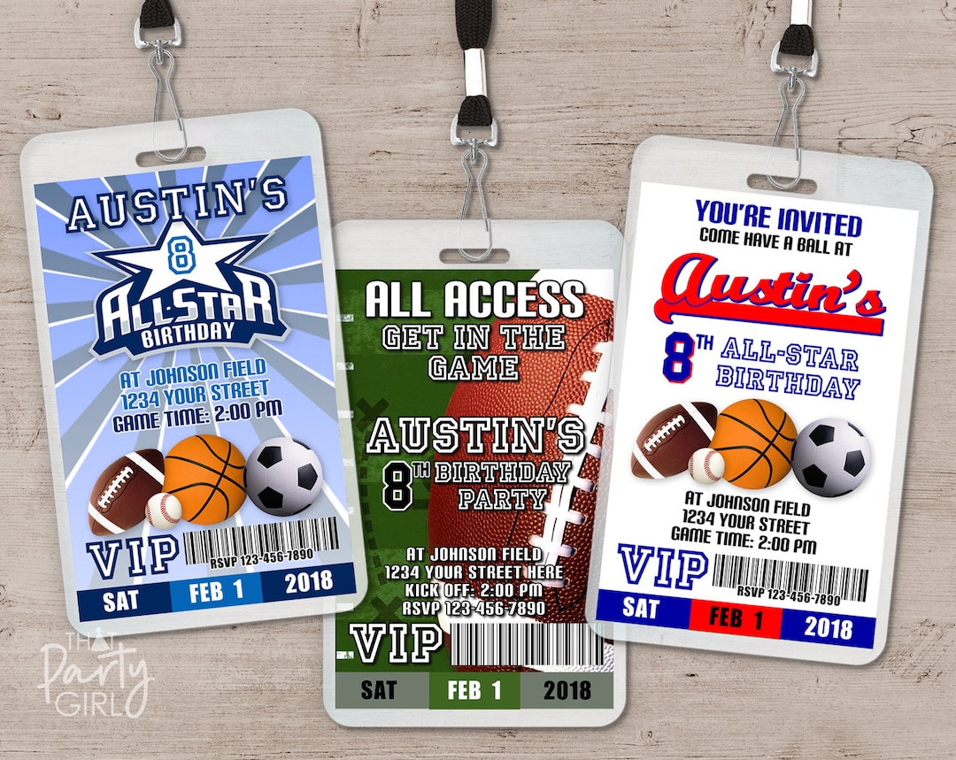 Sports VIP Pass Birthday Party Invitations Digital Download, Football ...