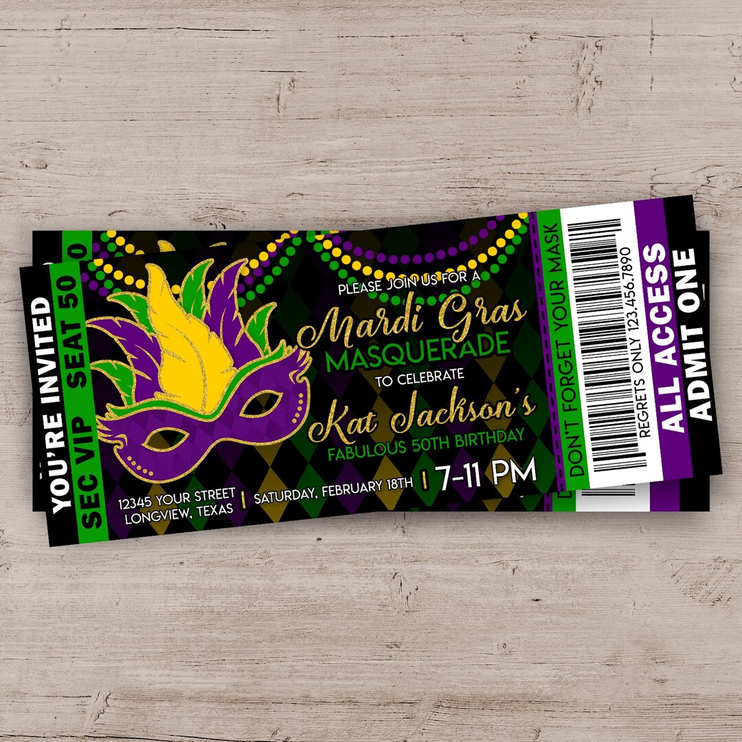 Mardi Gras Masquerade Ticket Invitations: Birthday, Baby Shower ...