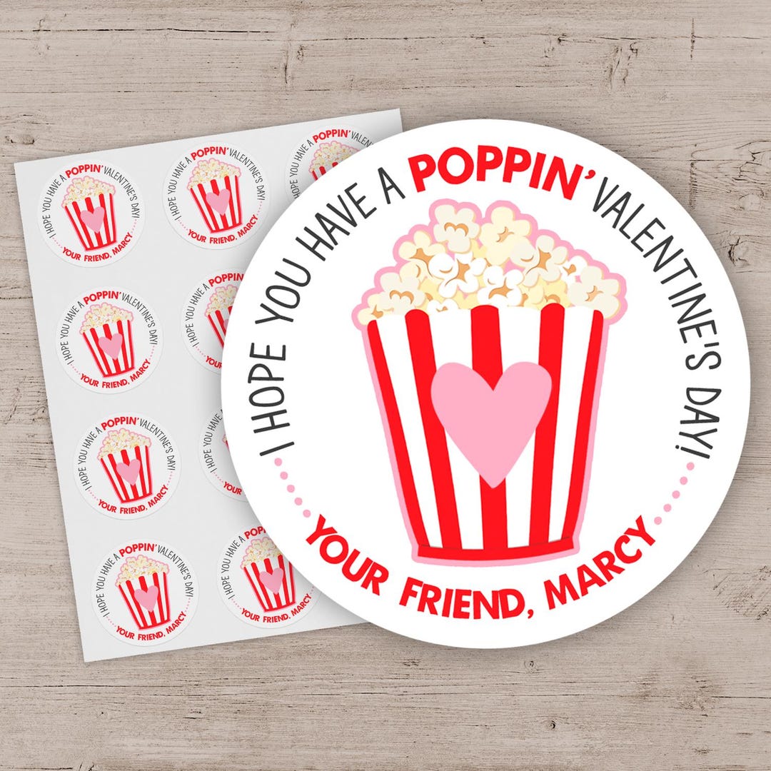 Popcorn Valentine Stickers, Kids Valentine's Day Popcorn Bag Stickers ...