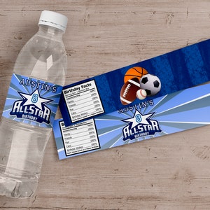 Printed All-star Sports Water Bottle Labels, Sports Birthday Party ...