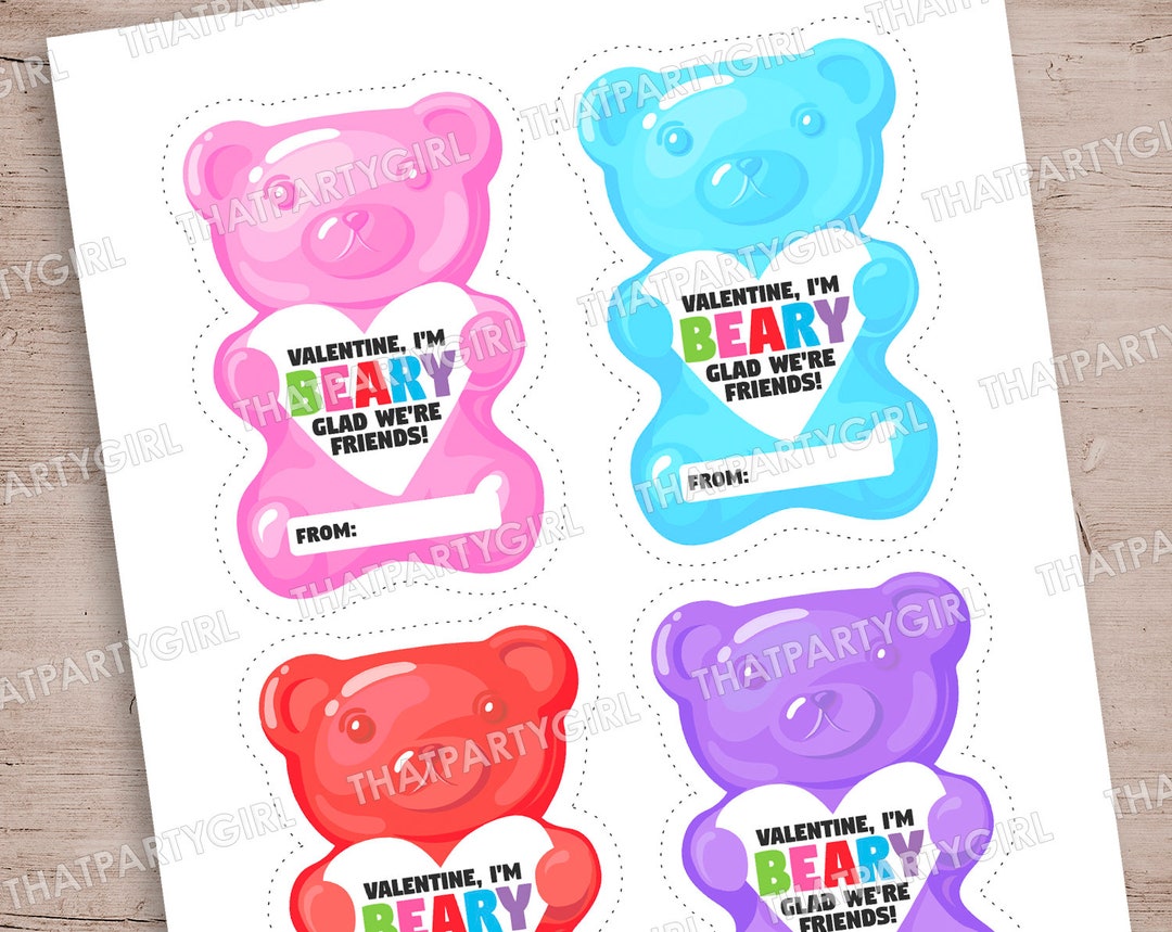 Printable Cute Bear Kids Valentines Cards, I'm Beary Glad We're Friends ...