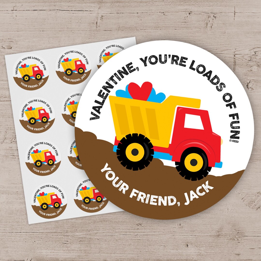 Dump Truck Valentine's Day Stickers, Personalized Kids Favor Labels ...