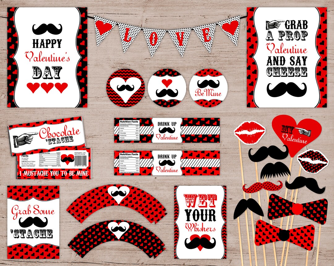 Valentines Day Mustache Bash Party Package Decorations Favors DIY ...