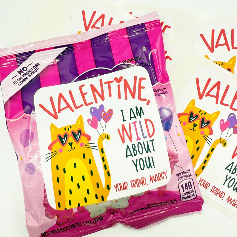 I Am Wild About You Animal Cracker Valentine's Day Stickers, Kids Cat ...