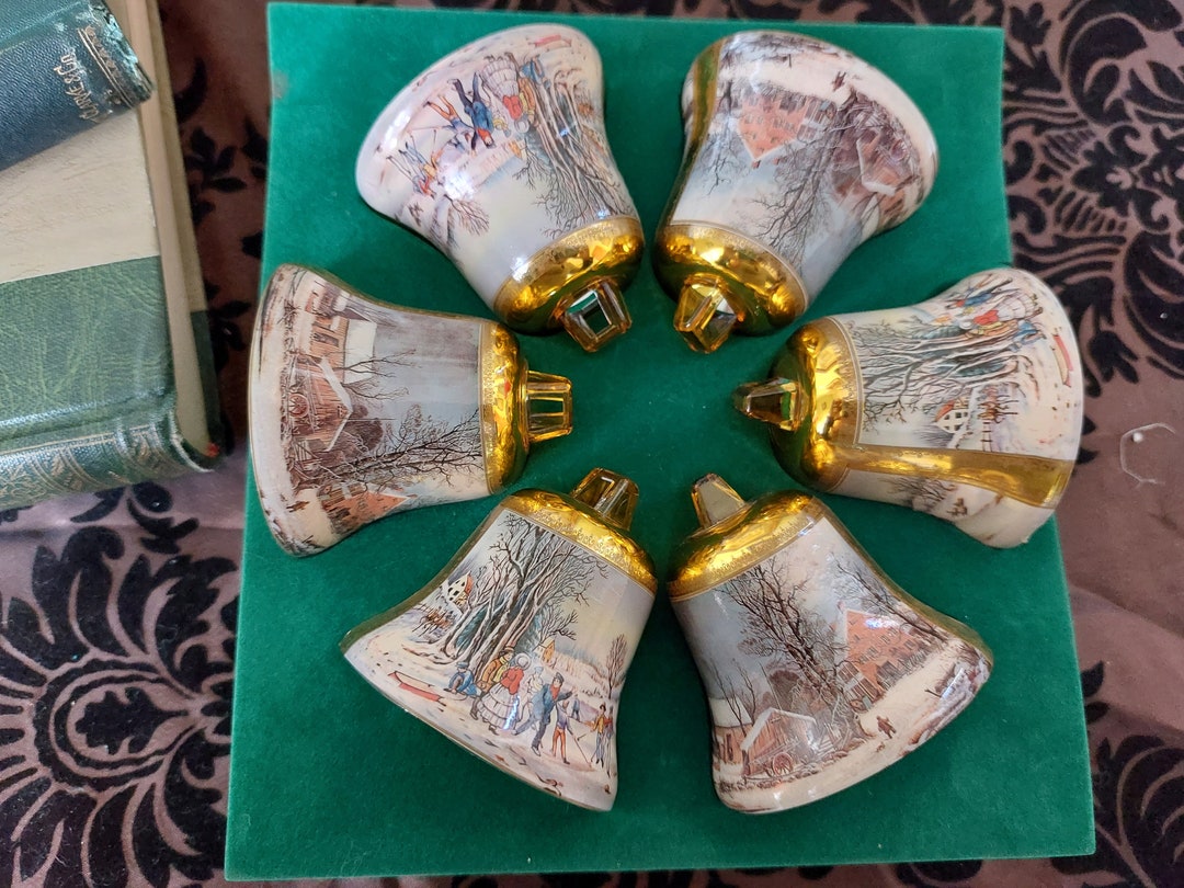 Set of 6 Vintage Christmas Bell Ornaments Gold Winter Scene Free ...