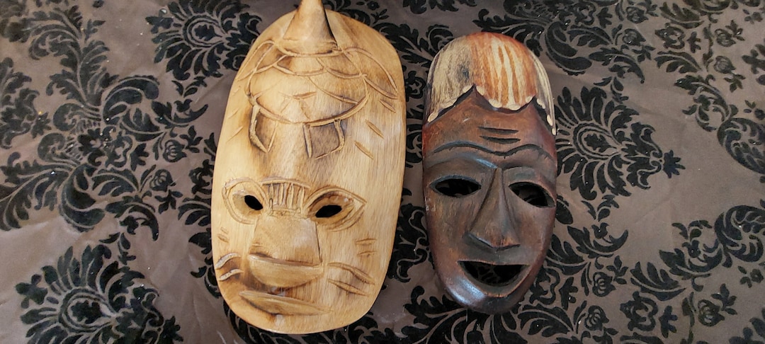 Vintage Pair of Tribal Masks Antigua Fiji Wooden Ethic Wall Hangings ...
