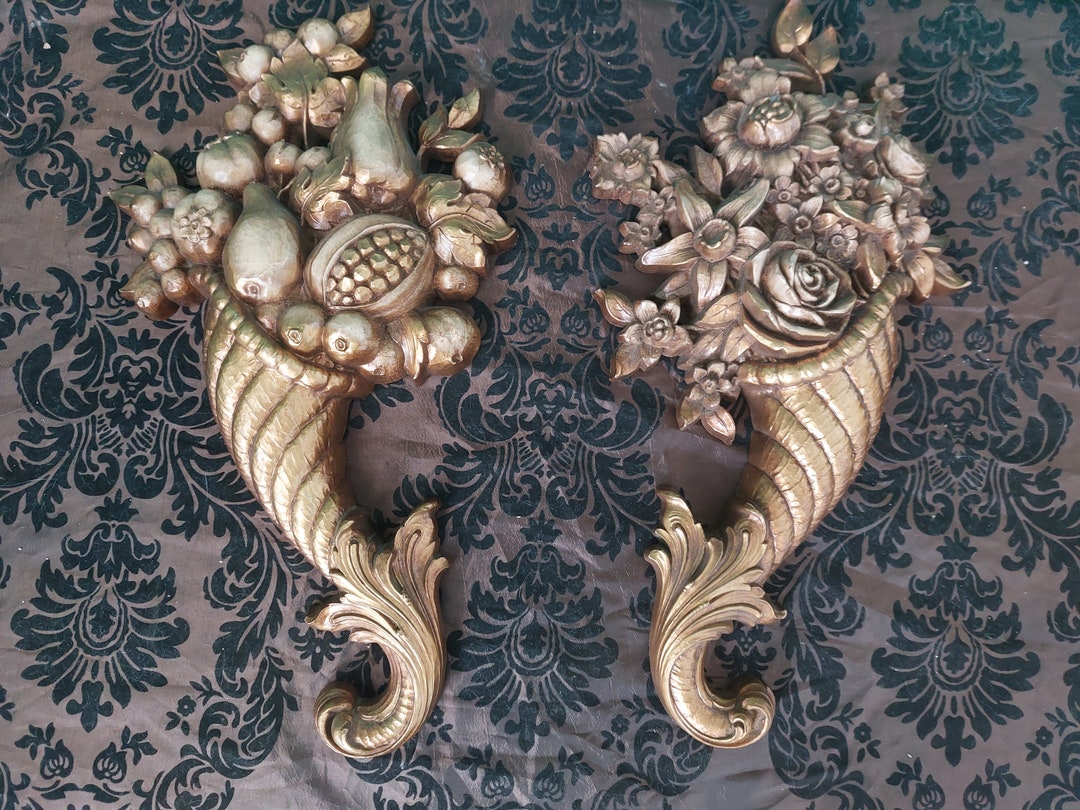 Vintage Pair Hollywood Regency Gold Floral Cornucopia Wall Hanging ...