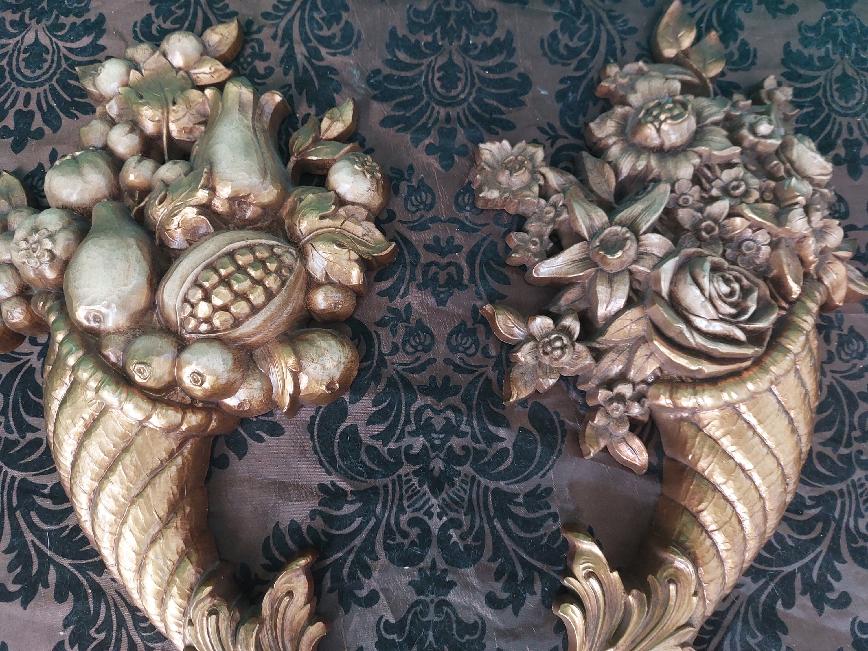 Vintage Pair Hollywood Regency Gold Floral Cornucopia Wall Hanging ...