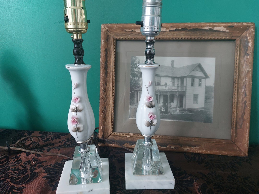 Lovely Pair Vintage Cottagecore Porcelain Roses Lamps Lights Marble ...