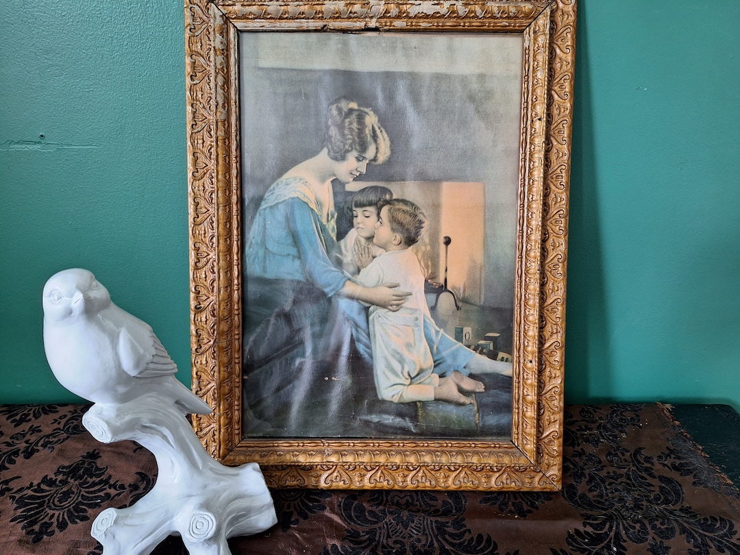 Antique Framed Mother Little Boy Girl Praying Art Print Wall Hanging ...