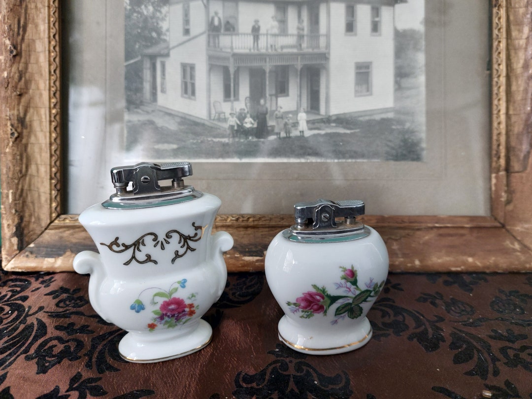 Stunning Vintage Porcelain Pink Floral Lighters Pair Set of 2 Shabby ...