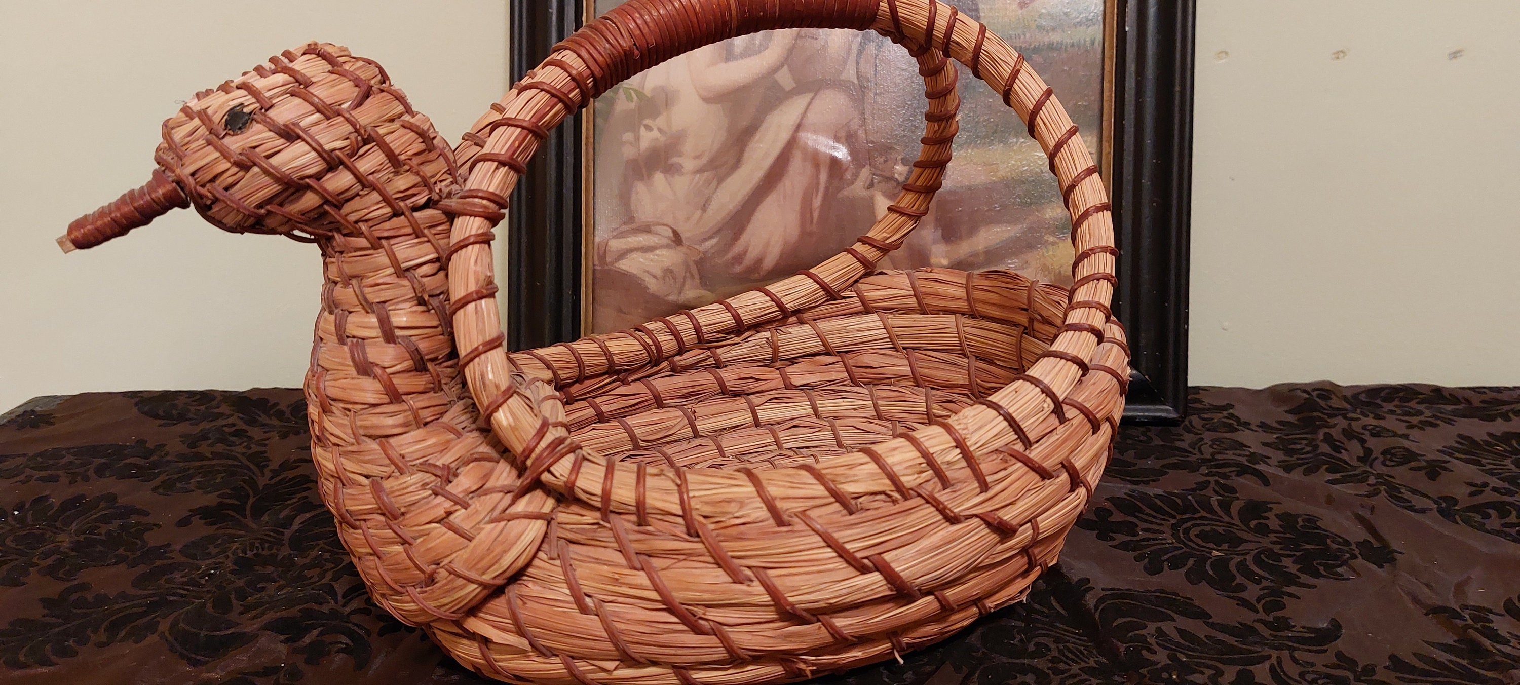 Unique Wicker Duck Bird Basket Handle Caddy Organizer Display Farmhouse ...