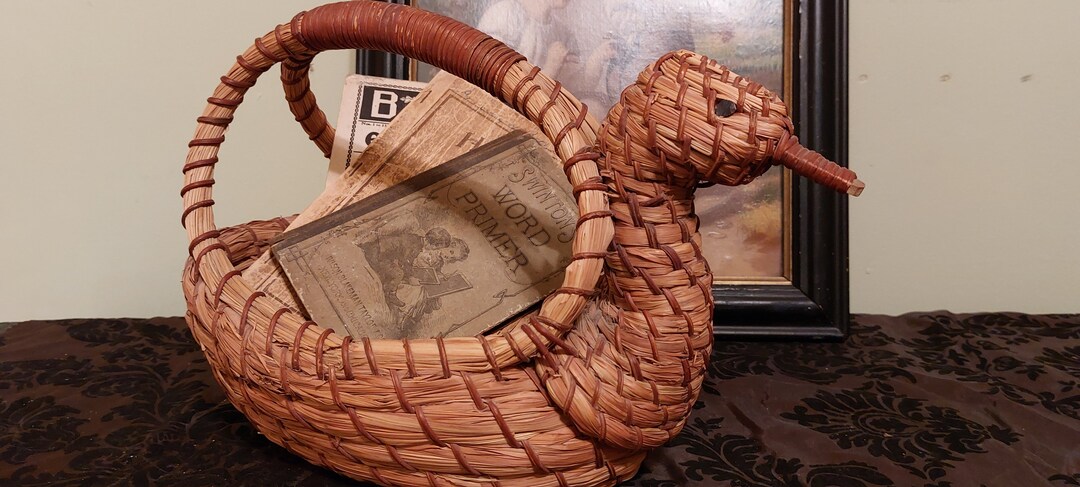 Unique Wicker Duck Bird Basket Handle Caddy Organizer Display Farmhouse ...