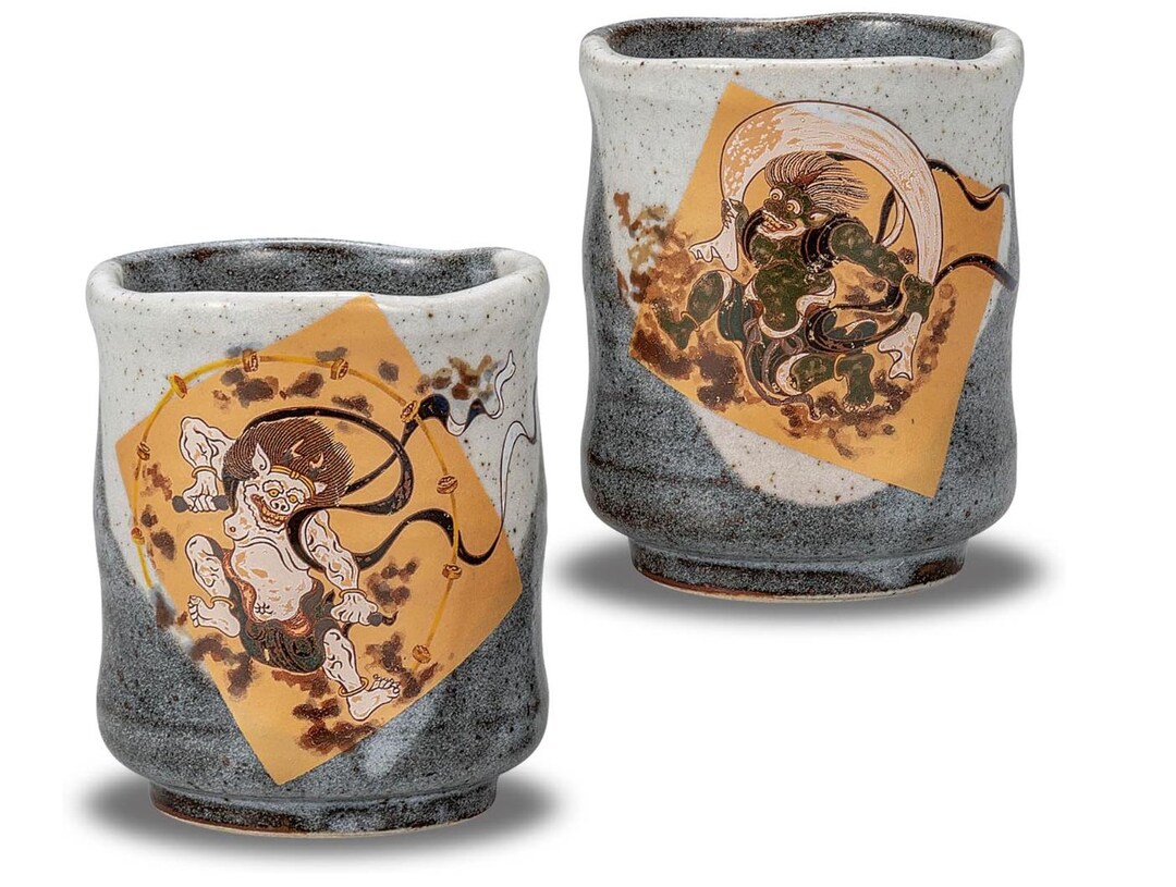 Kutani Ware Yunomi Tea Cup Set: Fujin Raijin Japanese Pottery Pair - Etsy