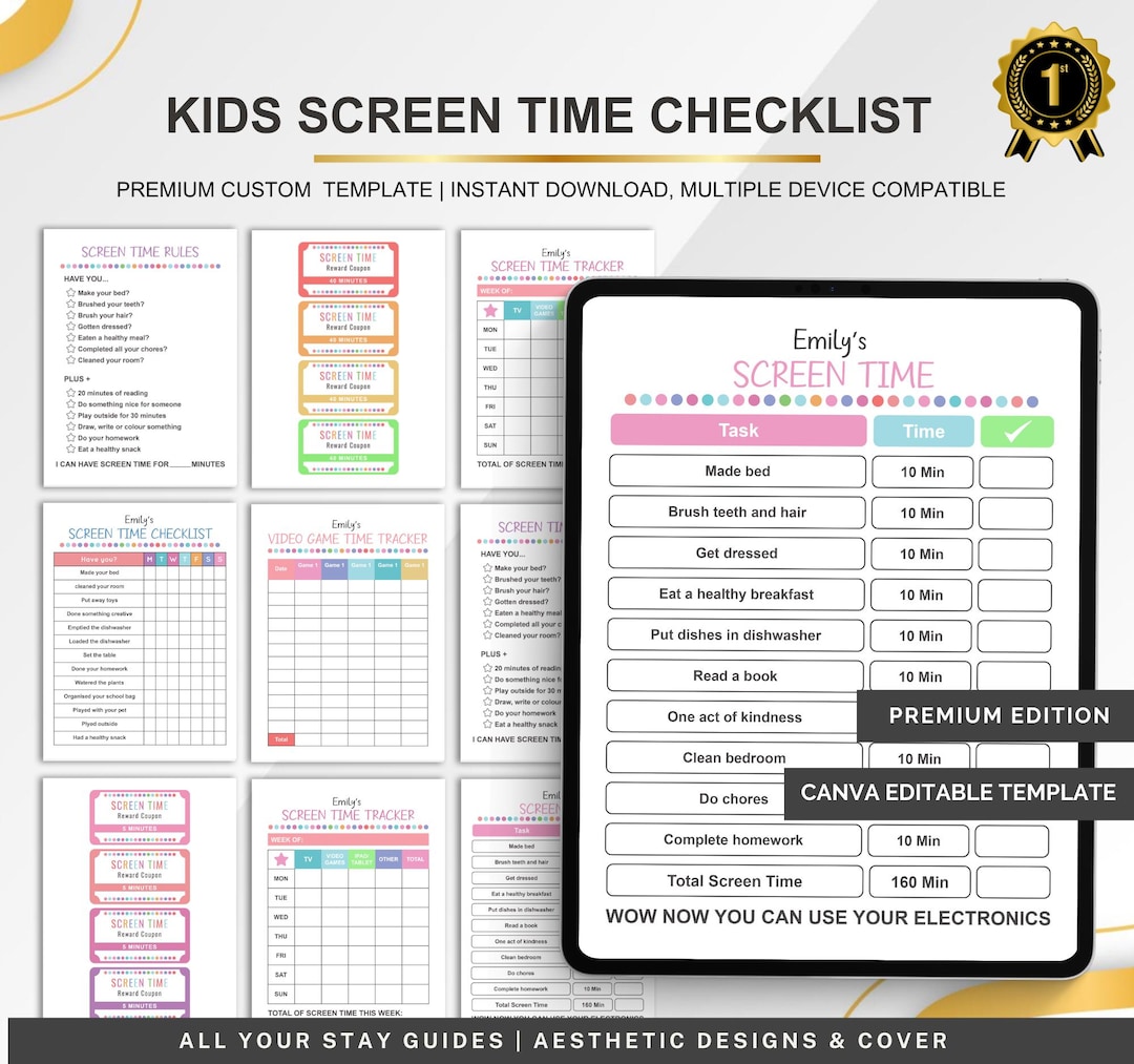 Printable Kids Screen Time Checklist, Digital Reward Chart Template ...