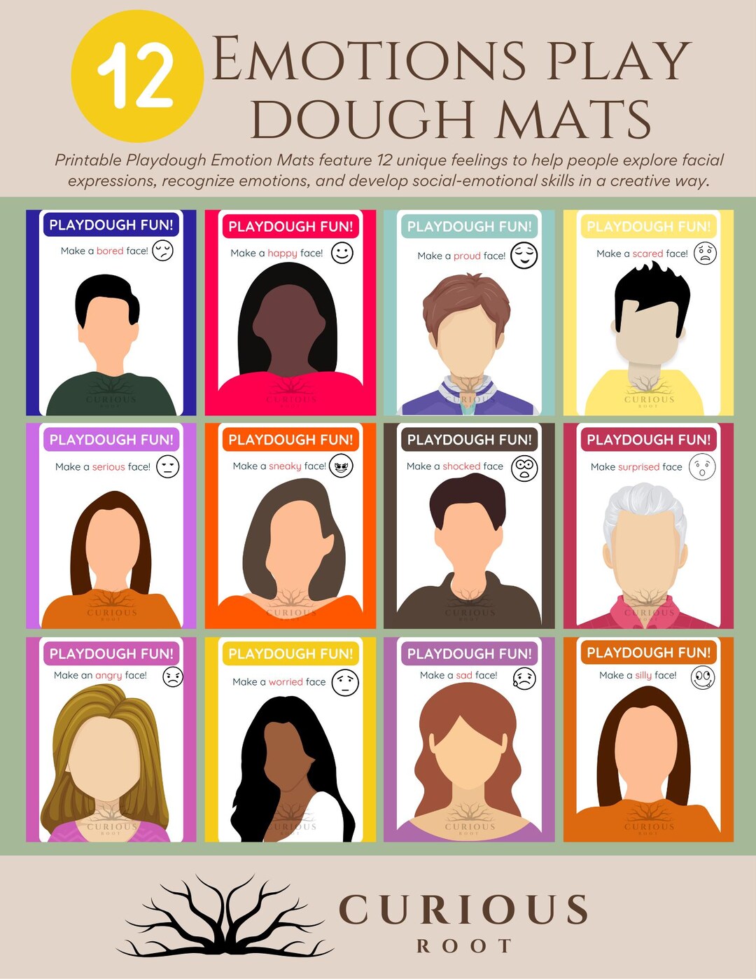 Printable Playdough Emotion Mats | PDF + PNG | 12 Feelings Faces | SEL ...