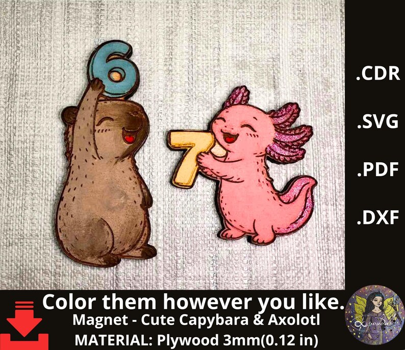 Laser Cut Wooden Magnet. Cute Capybara & Axolotl, Cattail, Water Lily ...