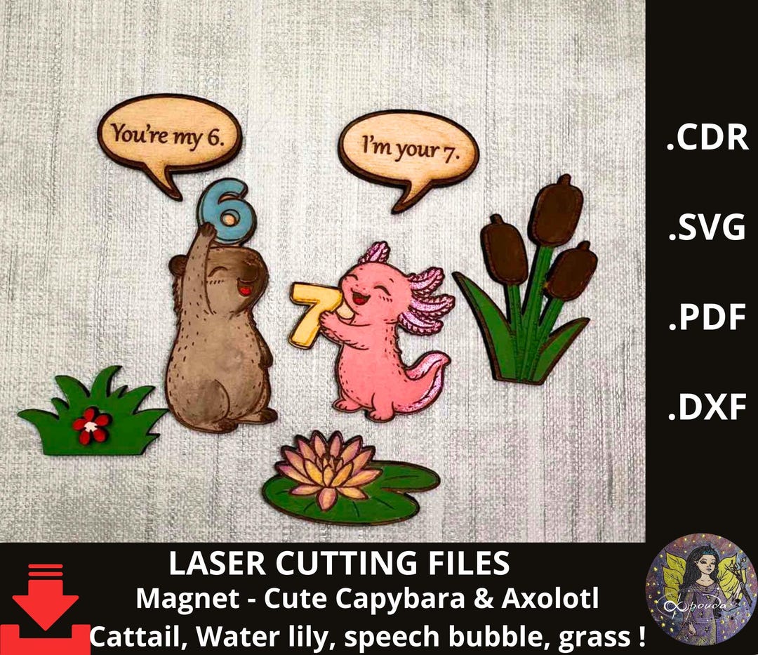 Laser Cut Wooden Magnet. Cute Capybara & Axolotl, Cattail, Water Lily ...