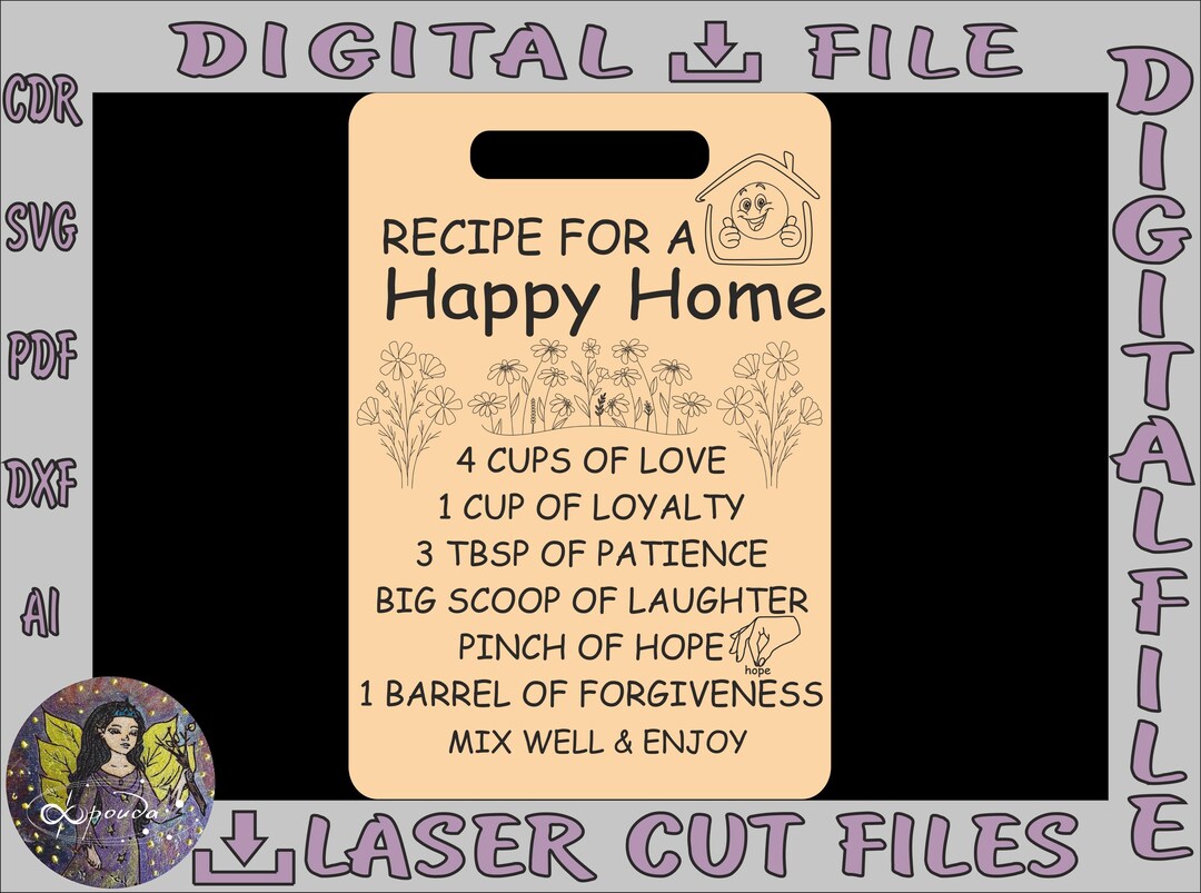 Family Recipe for a Happy Home Svg, Fun Kitchen Svg, Cutting Board Svg ...
