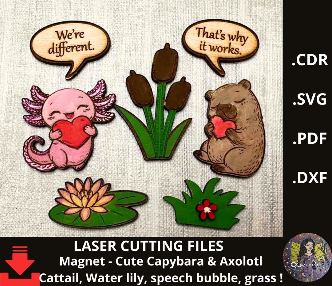 Laser Cut Wooden Magnet. Cute Capybara & Axolotl, Cattail, Water Lily ...