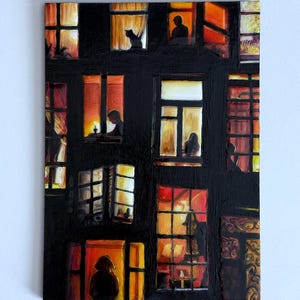 Everyday Life in the Windows Original Oil Painting, Miniature Cityscape ...
